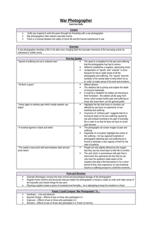War Photographer - Summary Sheet | Teaching Resources