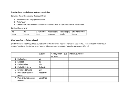 Tener que infinitive sentence completion practice | Teaching Resources