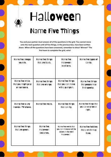 Halloween Name Five Things Quiz Game. Teambuilding. Lesson Filler. 5 Things. | Teaching Resources