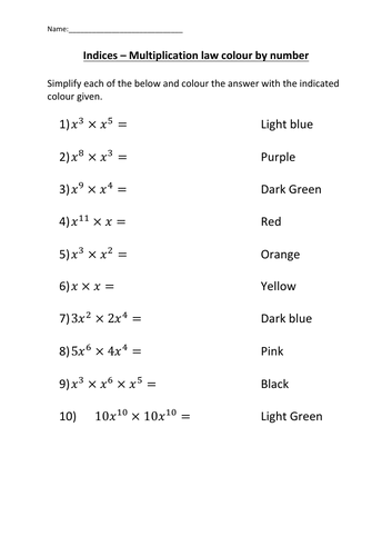 Index Laws - Multiplication Colour By Number Activity | Teaching Resources