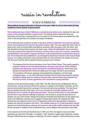 Russia in Revolution 1894-1924 Theme 2: The End of the Romanov Rule ...