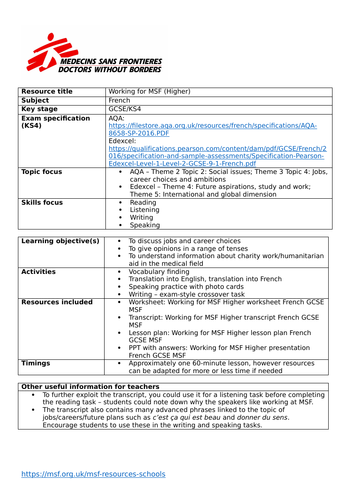 Working for MSF (Higher) | French | GCSE | MSF | Teaching Resources
