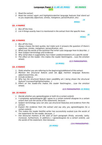 English Language Paper 1 AQA GCSE Format Sheet | Teaching Resources