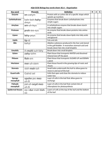 Key word definition lists Biology AQA GCSE Paper 1 | Teaching Resources