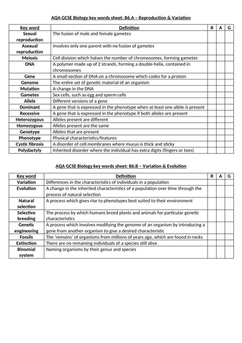 Key word definition lists Biology AQA GCSE Paper 2 | Teaching Resources