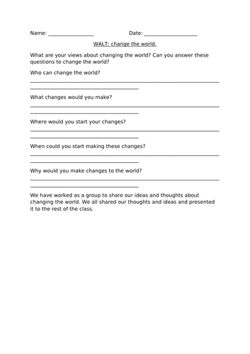 RE/PSHE TOPIC 'I CAN CHANGE THE WORLD' | Teaching Resources