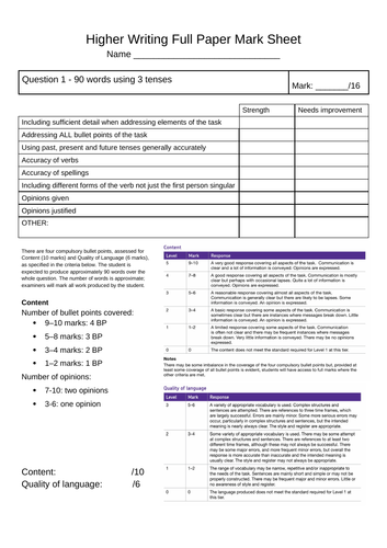 GCSE AQA Languages Higher Writing Mark Sheet - French, Spanish, German ...