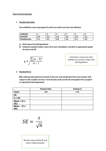 A Level Statistics - SD, SE & Student T-test Helpsheet and worksheets ...