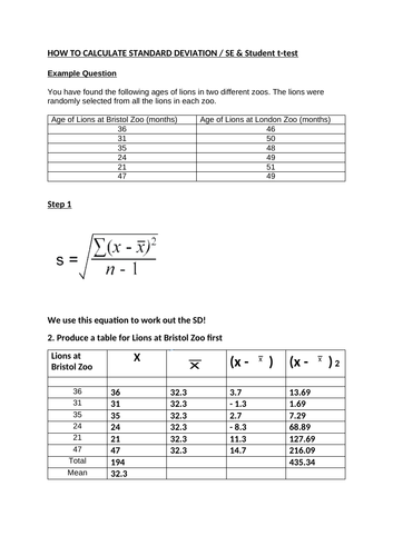A Level Statistics - SD, SE & Student T-test Helpsheet and worksheets ...