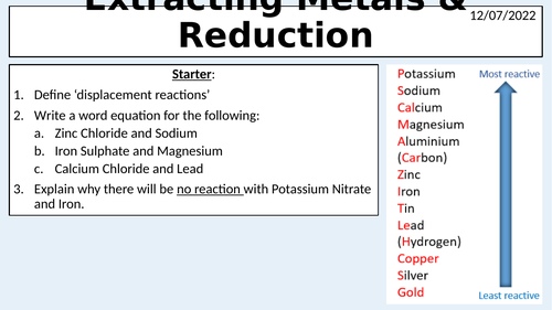 Displacement Reactions , Extracting Metals & Reduction (3 lessons ...