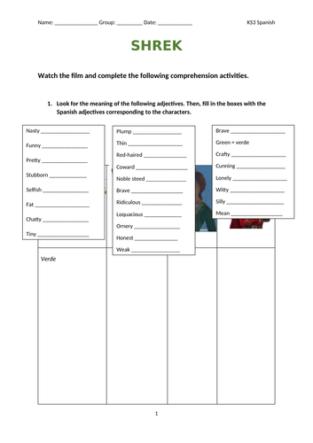 Shrek film worksheet KS3 | Teaching Resources