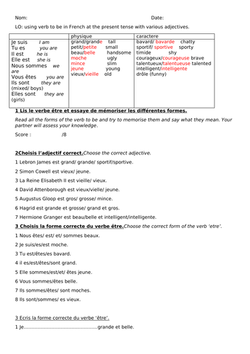 Le verbe 'etre' et les adjectifs pour les descriptions | Teaching Resources