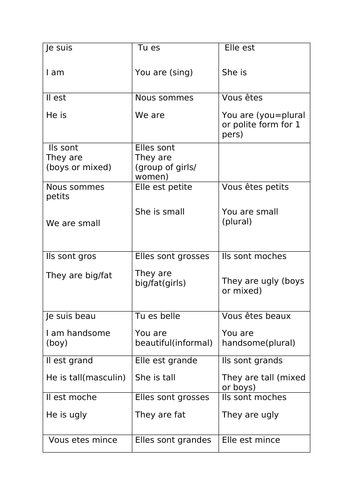 Le verbe 'etre' et les adjectifs pour les descriptions | Teaching Resources