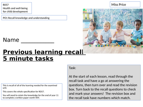 OCR Child Development R057 Examined Unit 5 minute recall tasks ...