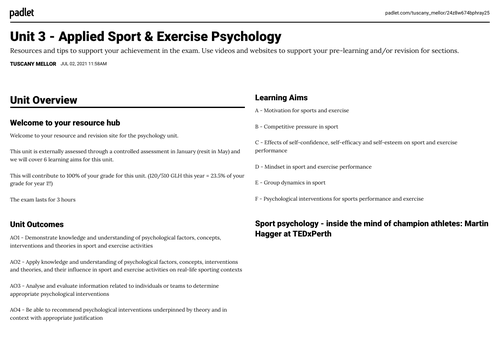 Unit 3 - Applied Sport & Exercise Psychology padlet | Teaching Resources