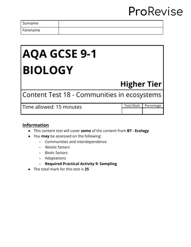 AQA GCSE 9-1 Biology: Content Tests | Teaching Resources
