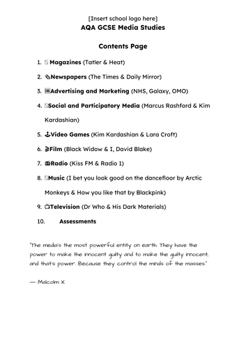 AQA GCSE Media Studies Contents Page | Teaching Resources