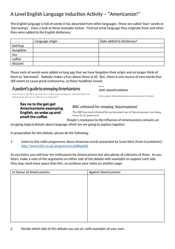 A Level English Language Induction bundle - Americanisms | Teaching ...