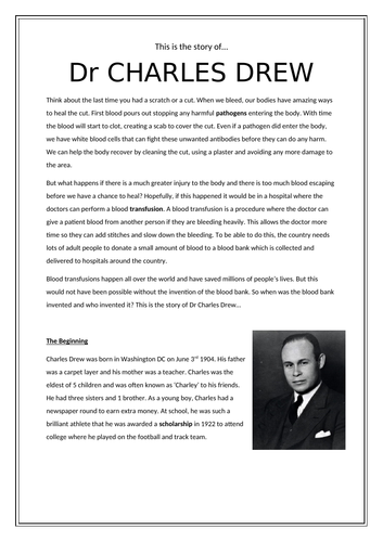 Dr Charles Drew teaching resource reading comprehension wordsearch ...