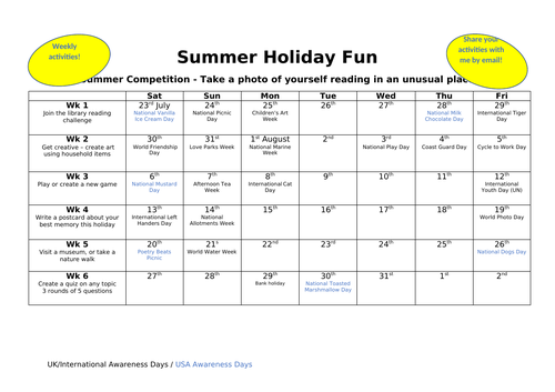 Summer Holiday Calendar of Weekly Activities | Teaching Resources