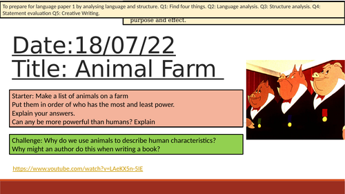 Language Paper 1 - 'Animal Farm' | Teaching Resources