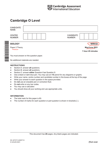 Cambridge Past exam O level Biology | Teaching Resources