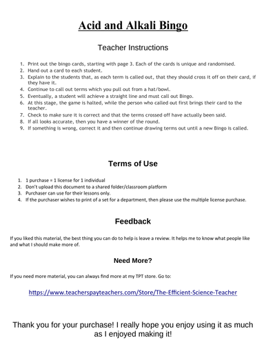 Acid and Alkali Bingo - Great for Review and Cover Lessons | Teaching ...
