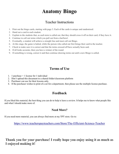Anatomy Bingo - Great for Review and Cover Lessons | Teaching Resources
