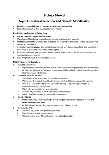 Edexcel Biology Topic 4- Evolution + GM | Teaching Resources