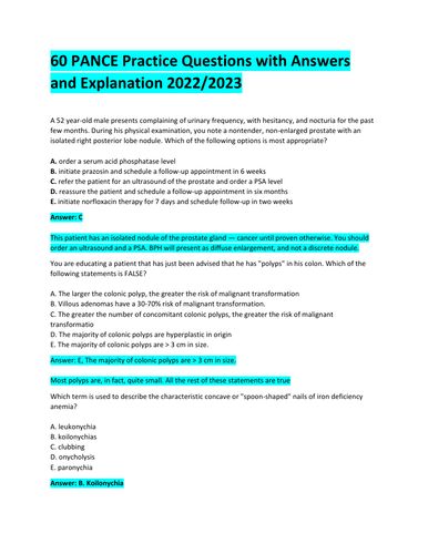 60 PANCE Practice Questions with Answers and Explanation 2022/2023 ...