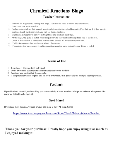 Chemical Reactions Bingo - Great for Review and Cover Lessons ...