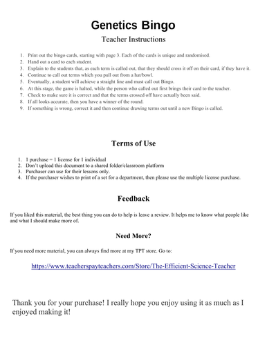 Genetics Bingo - Great for Review and Cover Lessons | Teaching Resources