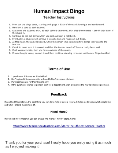 Human Impact Bingo - Great for Review and Cover Lessons | Teaching ...