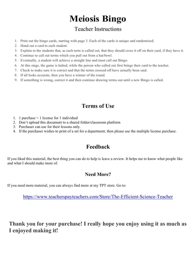 Meiosis Bingo - Great for Review and Cover Lessons | Teaching Resources