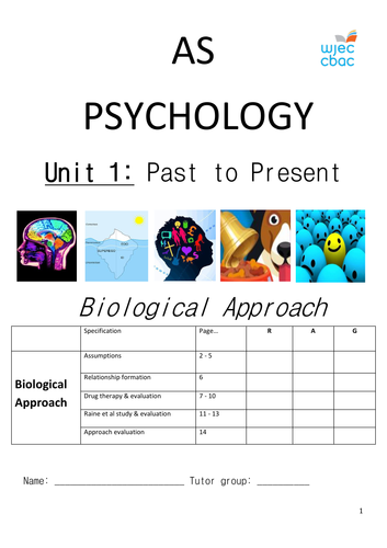 WJEC Psychology Unit 1: Biological approach booklet | Teaching Resources