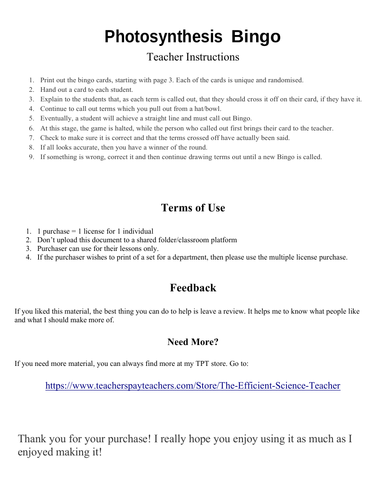 Photosynthesis Bingo - Great for Review and Cover Lessons | Teaching ...