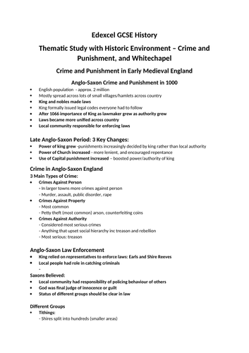 Edexcel History Notes-Crime + Punishment | Teaching Resources