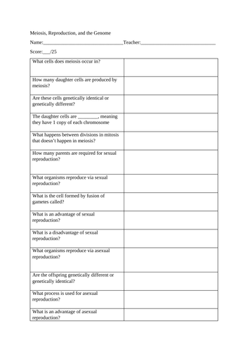 GCSE Science/Biology Test - Meiosis, Reproduction and the Genome ...