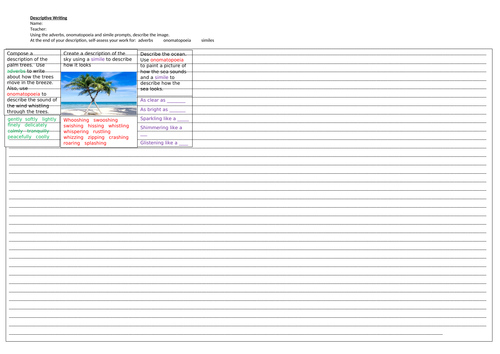 Descriptive Writing Sheet- Tropical Beach | Teaching Resources