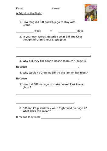 A Fright in the Night (ORT Level 6) Comprehension | Teaching Resources