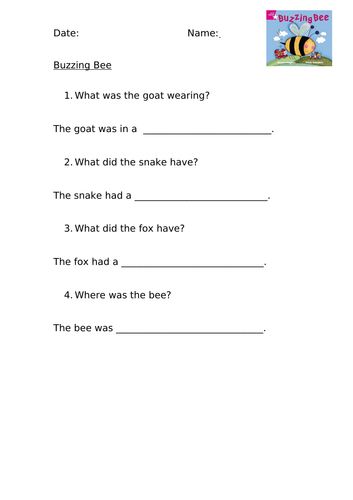Buzzing Bee (Rigby Star Pink Level) Comprehension | Teaching Resources