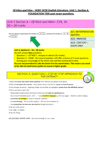 'Of Mice and Men' Exam Practice, Lower Ability | Teaching Resources