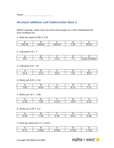 Quiz on Adding and Subtracting Decimals | Teaching Resources