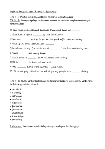 Spellings Year 3/4 Spellings Recap (Upper KS2) | Teaching Resources