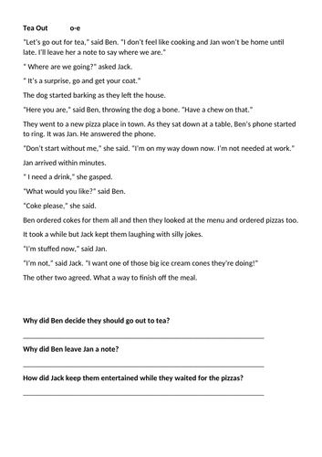 Phonics Story for Key Stage 2 plus Tea Out o-e | Teaching Resources