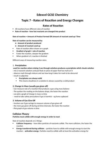Edexcel Chemistry Topic 7-Rates of Reaction | Teaching Resources