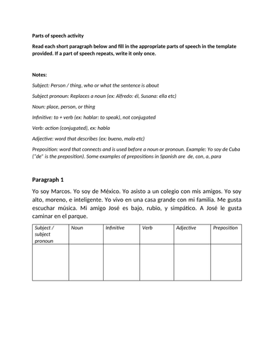 Parts of speech activity (Spanish) | Teaching Resources