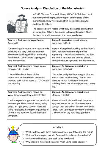Dissolution of the Monasteries Source Analysis | Teaching Resources