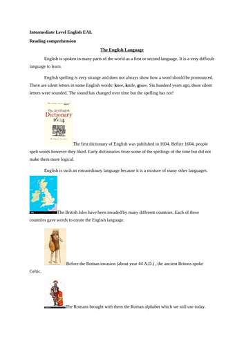ESOL intermediate - History of the English Language, comprehension ...