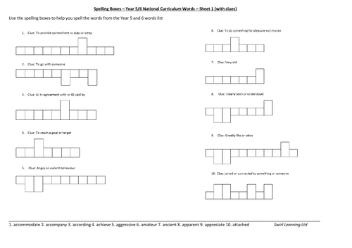 Spelling Boxes Worksheet - Year 5/6 National Curriculum Words Sheet 1 ...